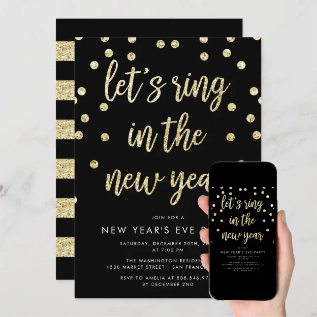 Gold Glitter Let's Ring In The New Year Invitation | Zazzle