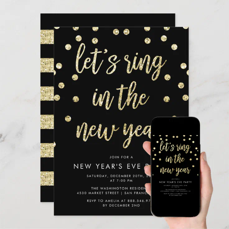 Gold Glitter Let's Ring In The New Year Invitation | Zazzle