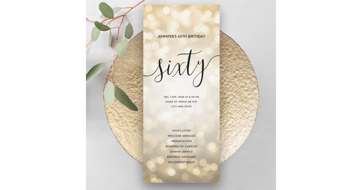 Gold Glitter Lights 60th Birthday Programs | Zazzle