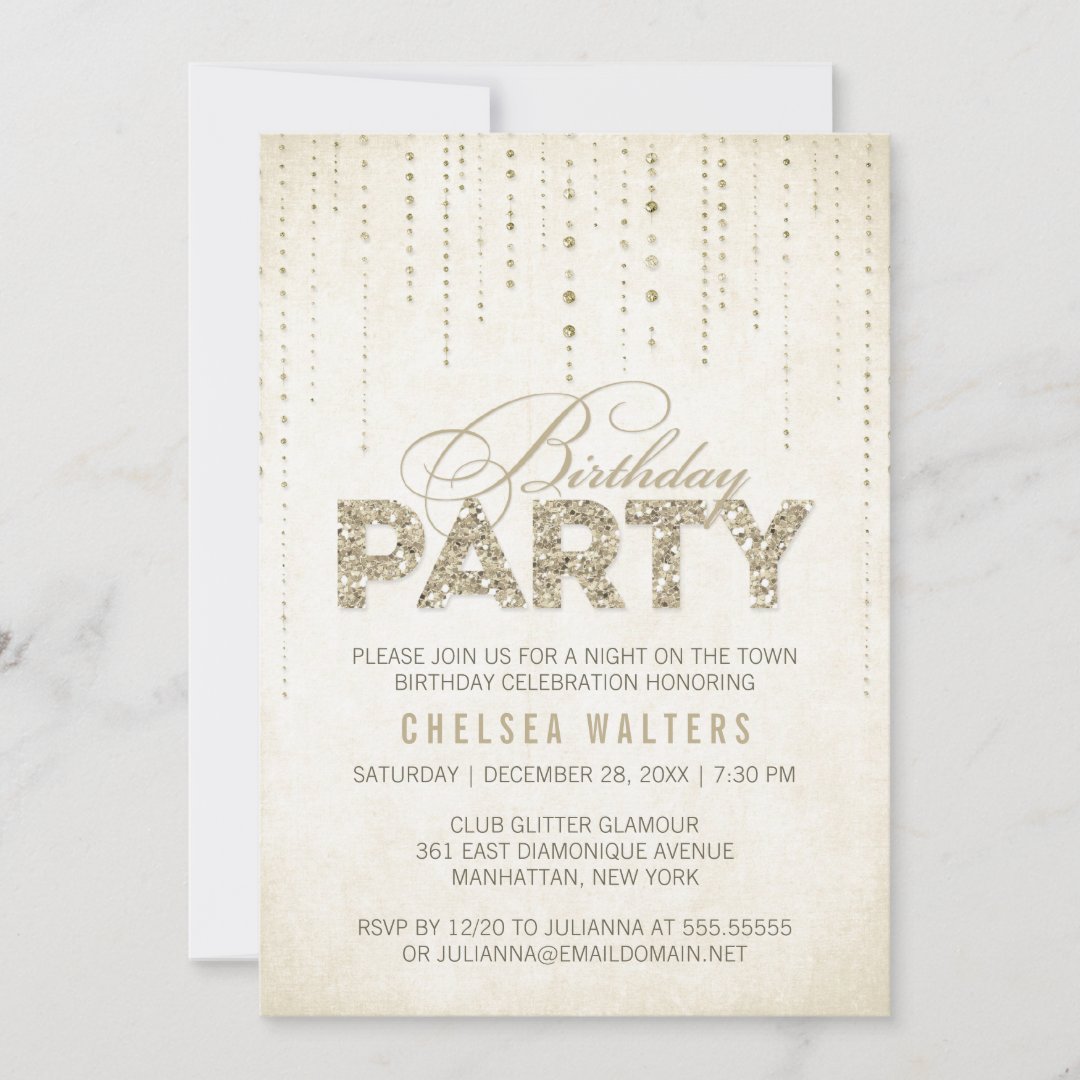 Gold Glitter Look Birthday Party Invitation | Zazzle