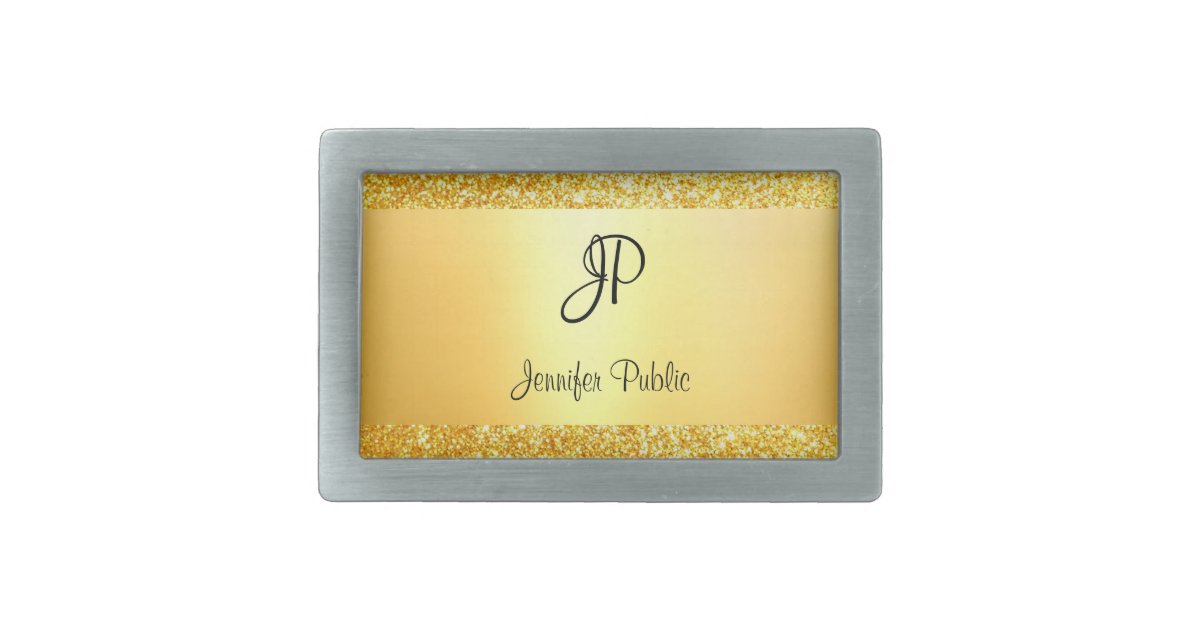 Gold Glitter Look Modern Monogrammed Template Belt Buckle | Zazzle