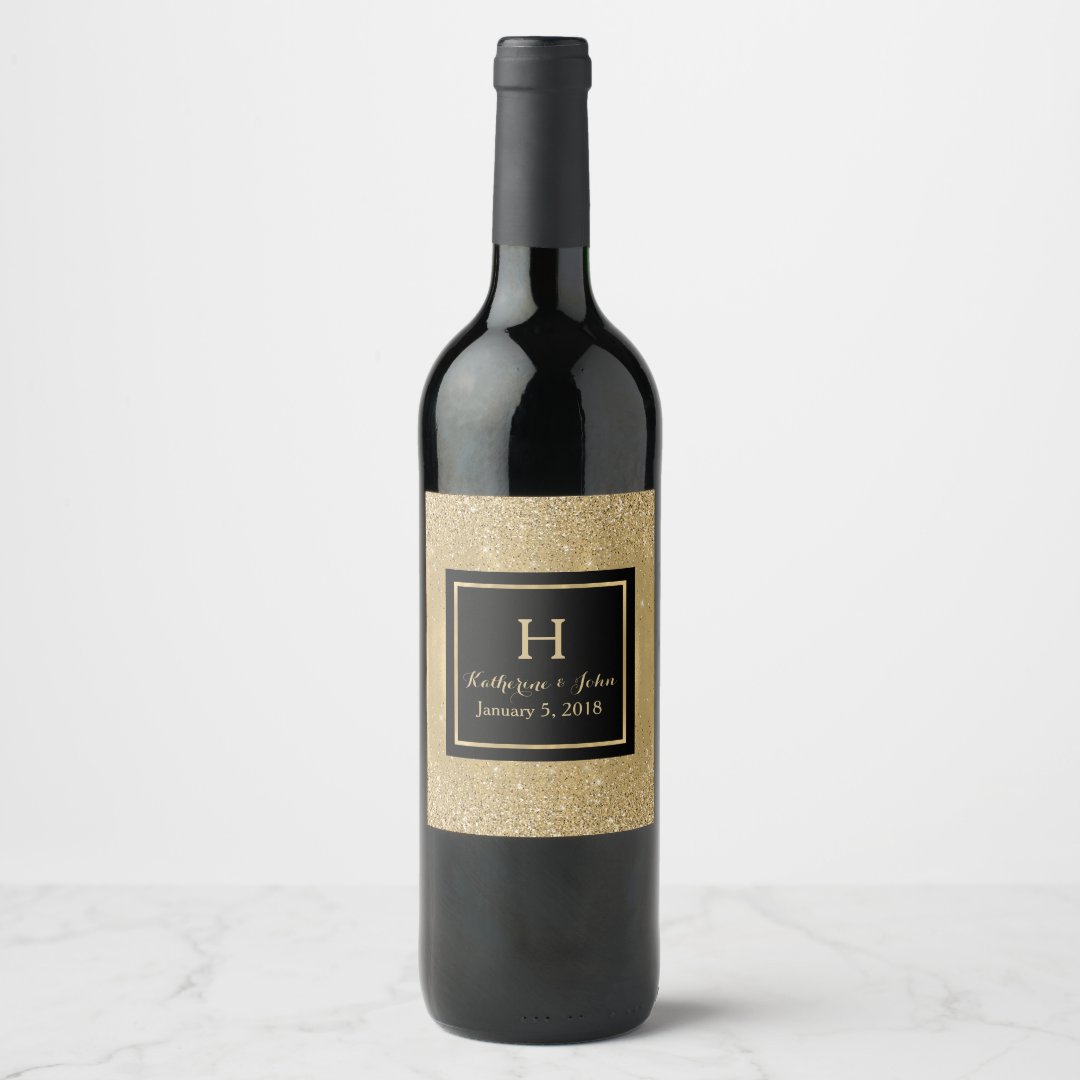 Gold Glitter Look Monogrammed Wedding Wine Label | Zazzle