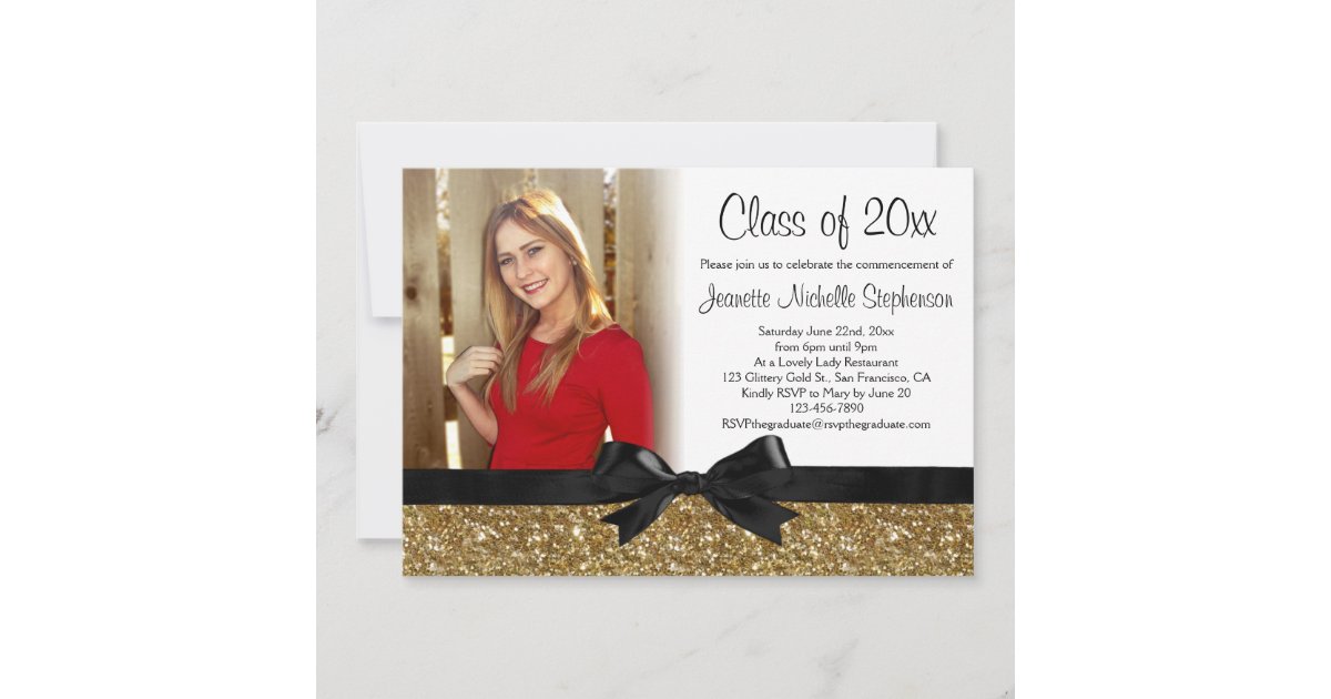 Gold Glitter-look Ribbon Bow Photo Graduation Invitation | Zazzle