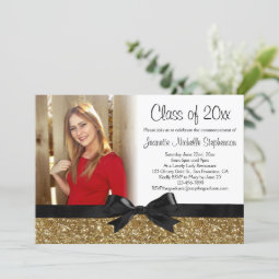 Gold Glitter-look Ribbon Bow Photo Graduation Invitation | Zazzle