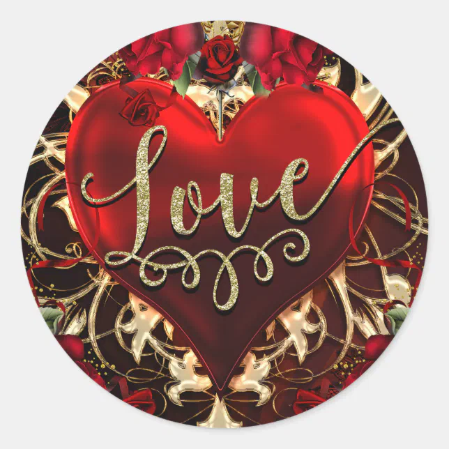 Gold Glitter Love Heart & Red Roses Party Favor Classic Round Sticker ...