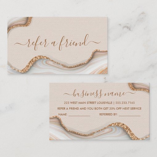 Gold Glitter Marble Agate Modern Refer A Friend Business Card | Zazzle