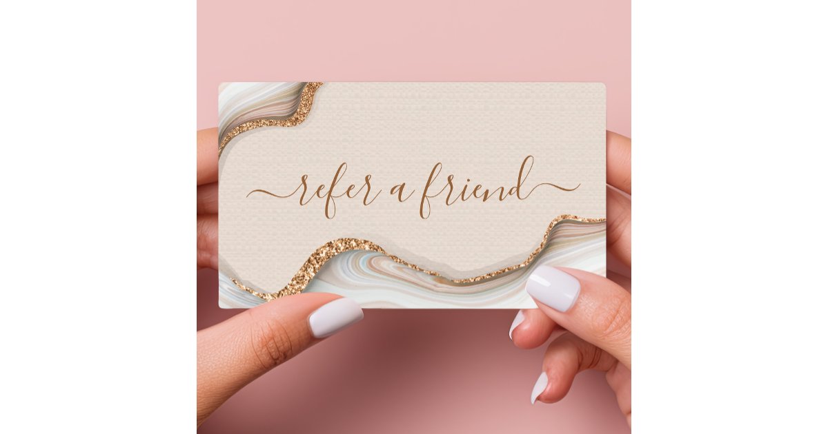Gold Glitter Marble Agate Modern Refer A Friend Business Card | Zazzle