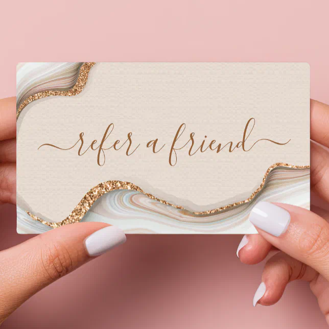 Gold Glitter Marble Agate Modern Refer A Friend Business Card | Zazzle