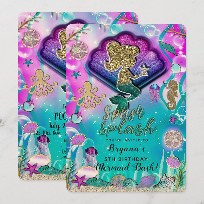 Gold glitter Mermaid & Shells Under the Sea Party Invitation | Zazzle.com