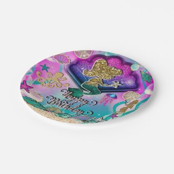 Gold glitter Mermaid & Shells Under the Sea Party Paper Plates | Zazzle