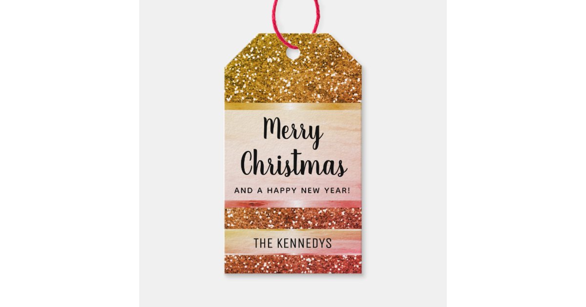 Gold Glitter Merry Christmas Personalized Gift Tags | Zazzle