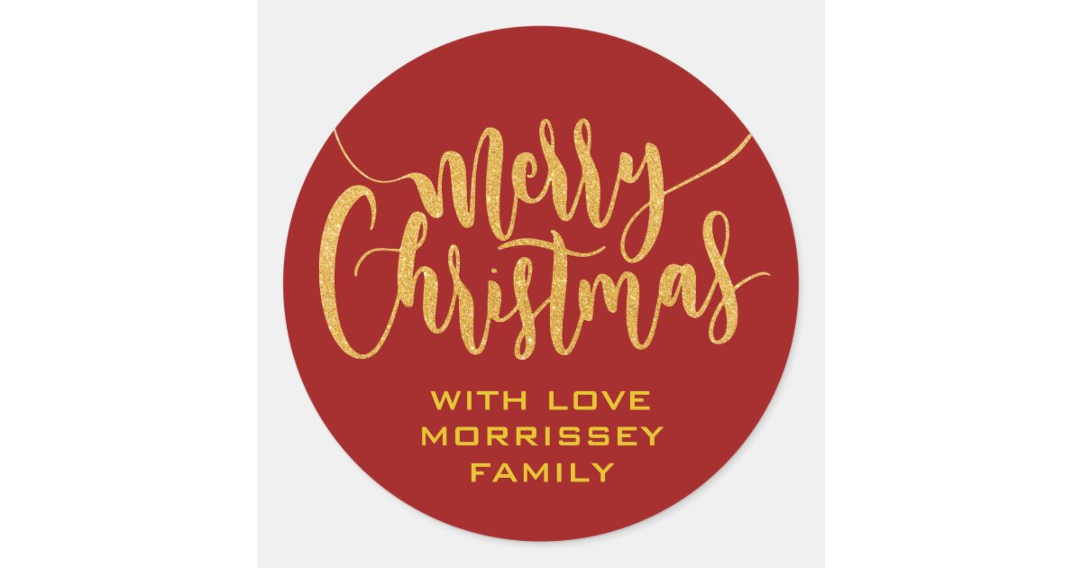 Gold Glitter Merry Christmas Personalized Red Classic Round Sticker ...