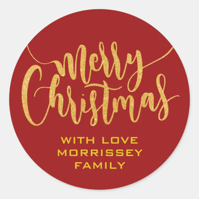 Gold Glitter Merry Christmas Personalized Red Classic Round Sticker ...
