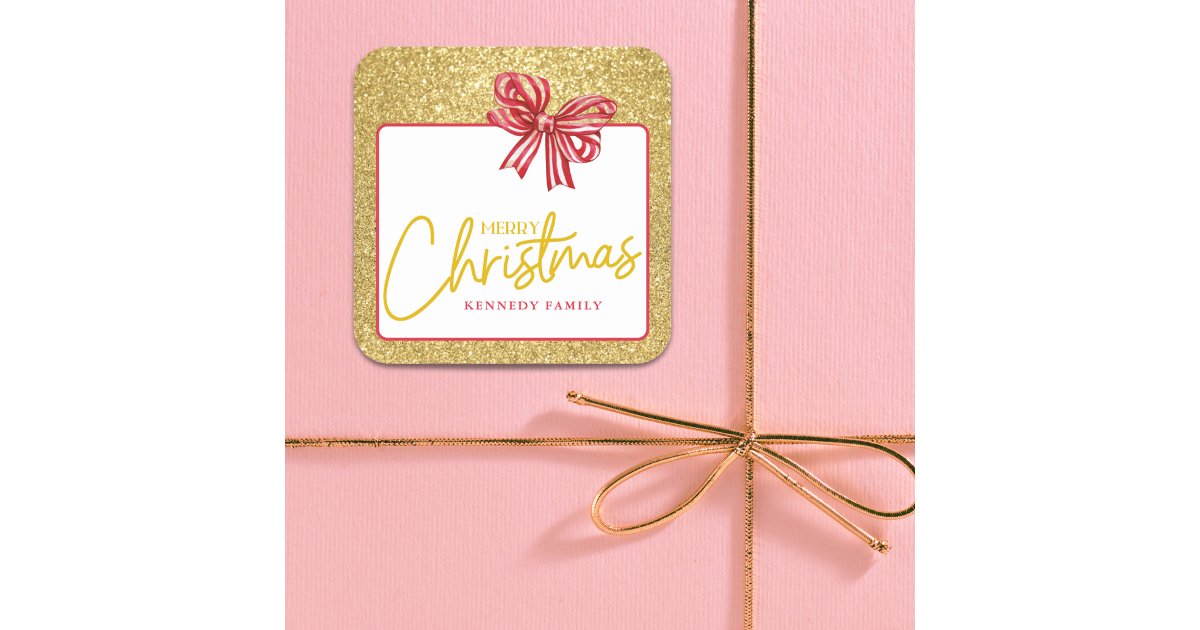Gold Glitter Merry Christmas Red Bow Festive Square Sticker | Zazzle