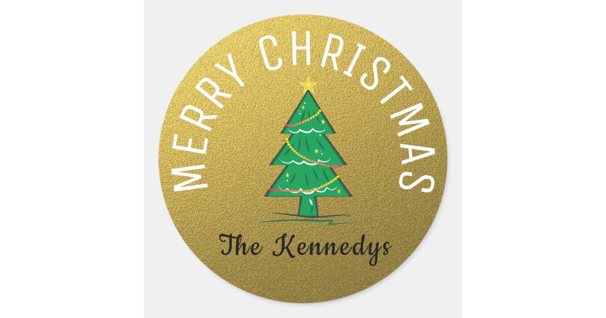Gold Glitter Merry Christmas Tree Classic Round Sticker | Zazzle
