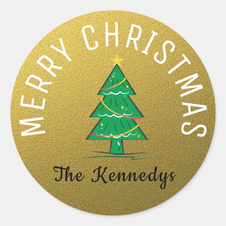 Gold Glitter Merry Christmas Tree Classic Round Sticker | Zazzle