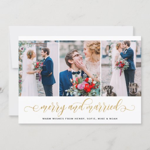 Gold Glitter Merry & Married Photo Collage Holiday | Zazzle