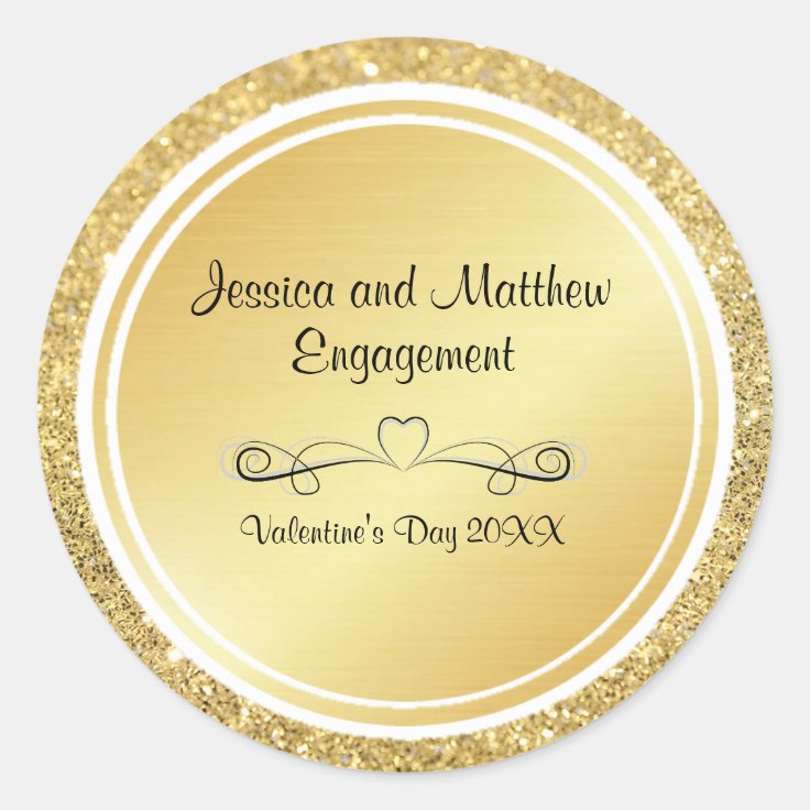 Gold Glitter & Metallic Engagement Personalized Classic Round Sticker ...