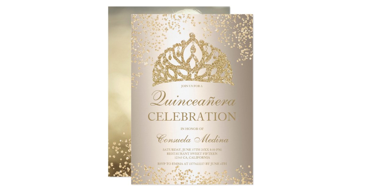 gold glitter metallic photo tiara Quinceañera Invitation | Zazzle.com