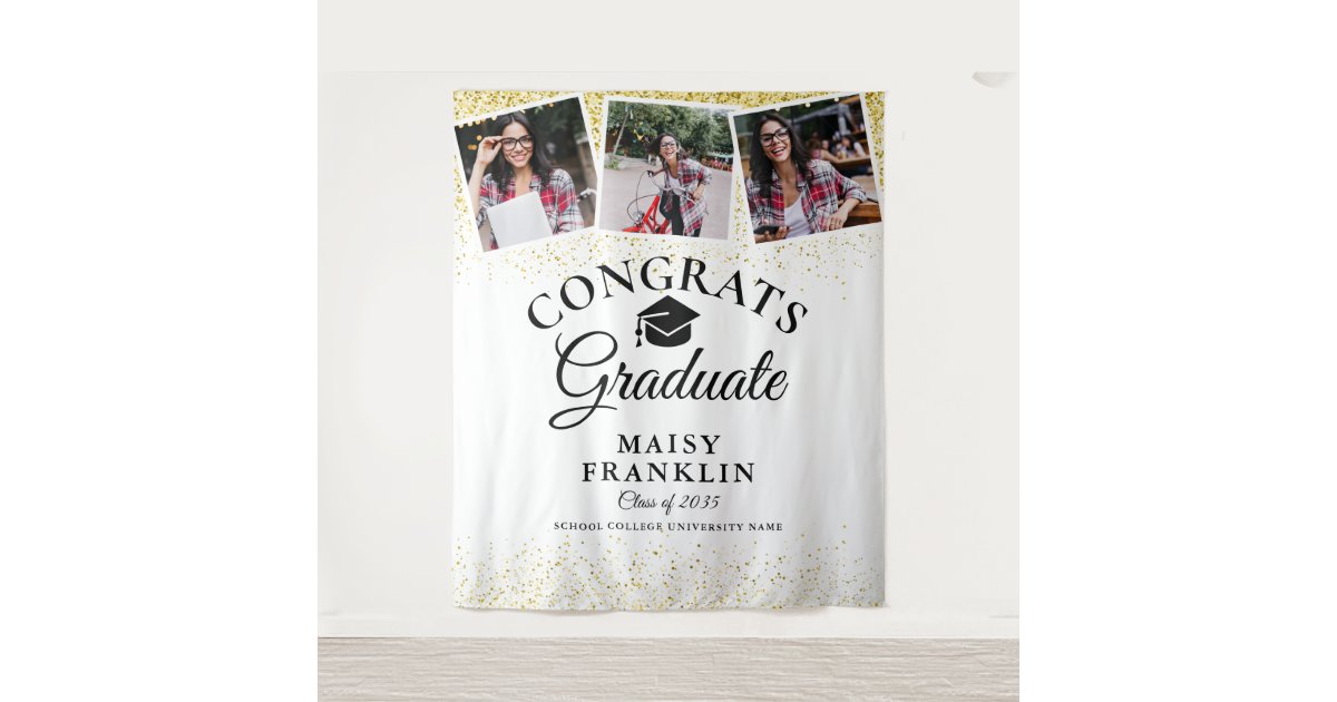 Gold Glitter Modern Graduation 3 Photo Backdrop | Zazzle
