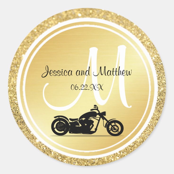 Gold Glitter Monogram Motorcycle Wedding Stickers | Zazzle