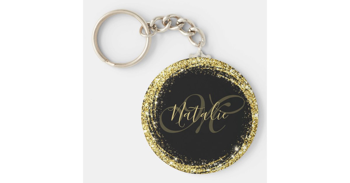 Gold Glitter Monogram Name Black Glamorous Keychain | Zazzle.com