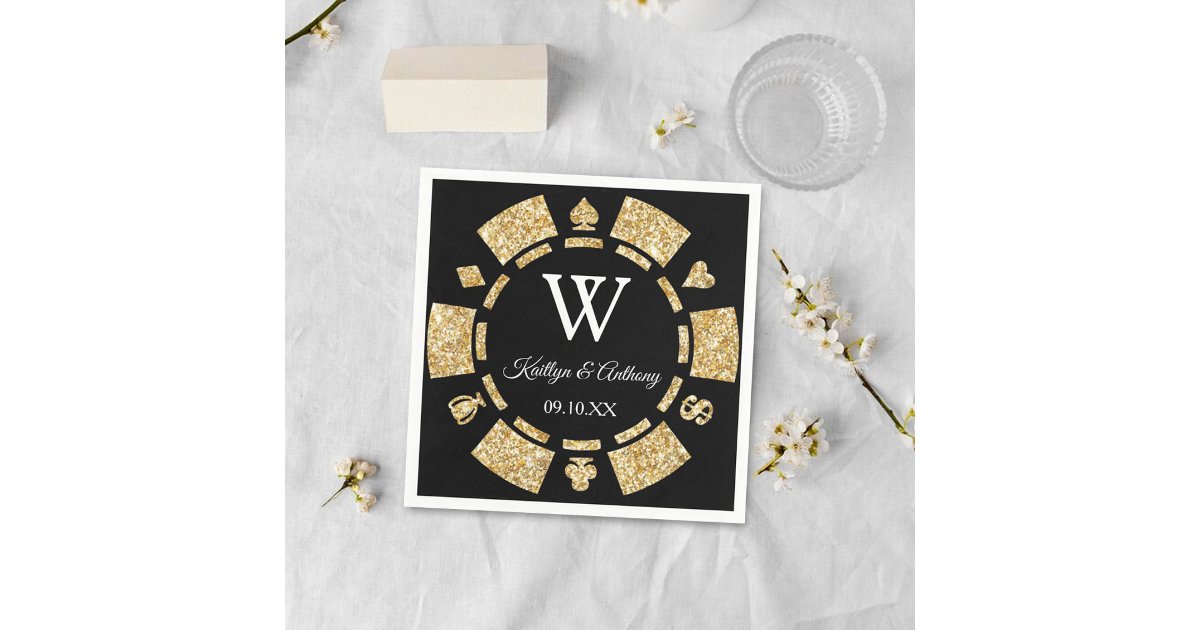 Gold Glitter Monogram Poker Chip Casino Wedding Napkins | Zazzle