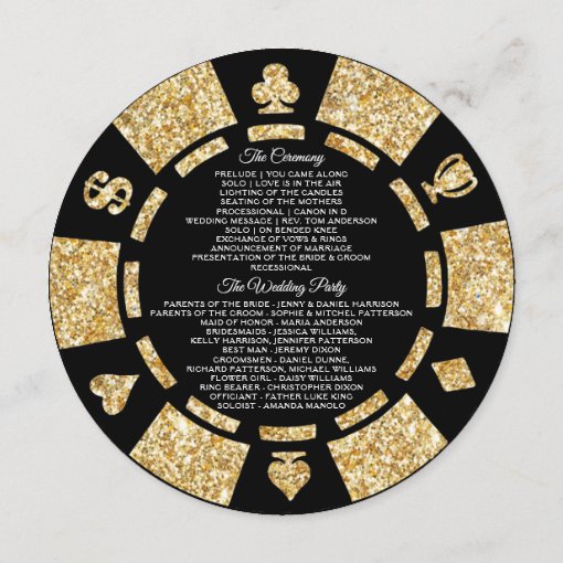 Gold Glitter Monogram Poker Chip Casino Wedding Program | Zazzle