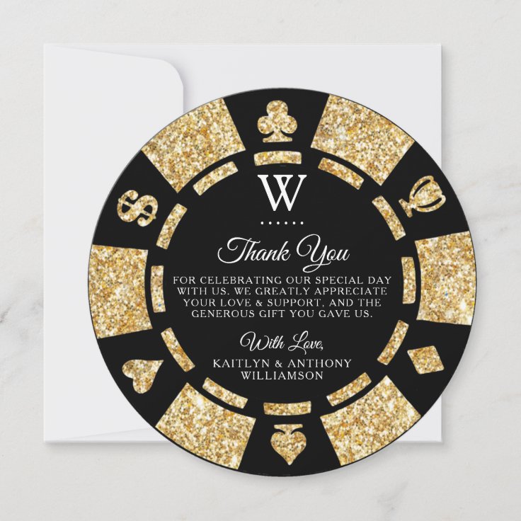 Gold Glitter Monogram Poker Chip Casino Wedding Thank You Card | Zazzle