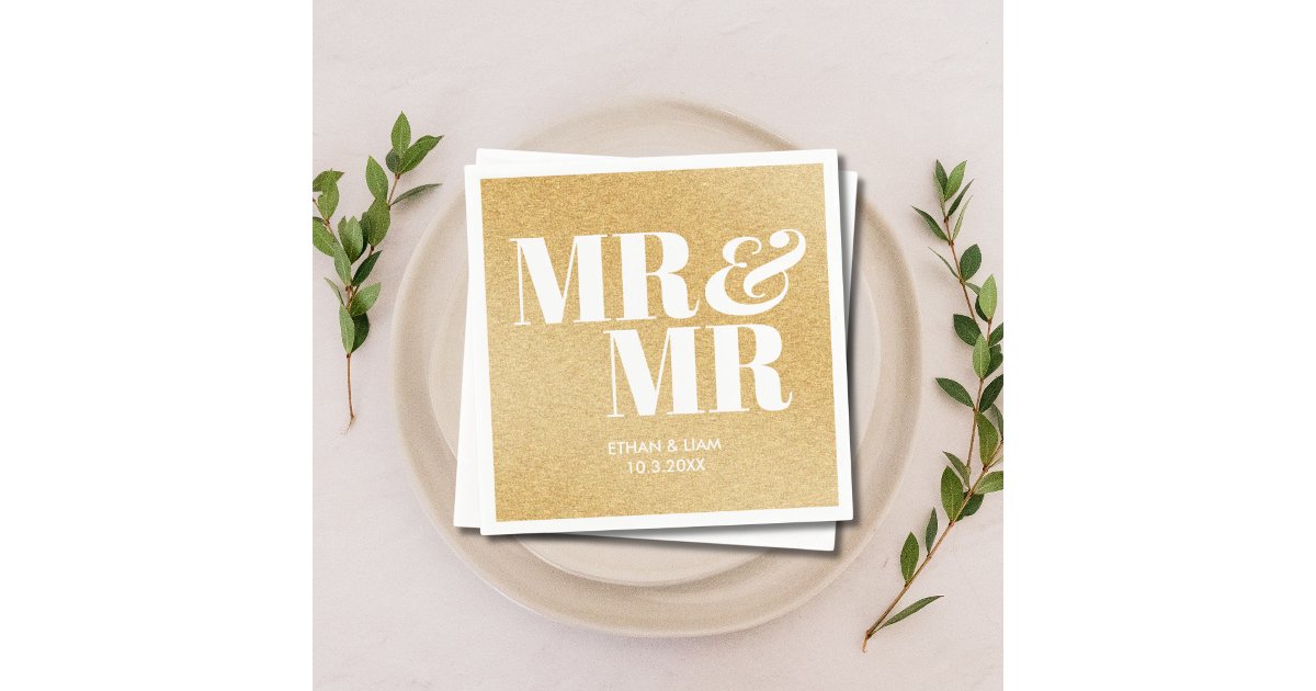 Gold Glitter Mr & Mr Personalized Wedding Napkins | Zazzle