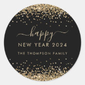 Gold Glitter Name Black Happy New Year 2024 Classic Round Sticker | Zazzle