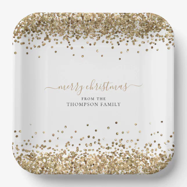Gold Glitter Name Merry Christmas White Paper Plates | Zazzle
