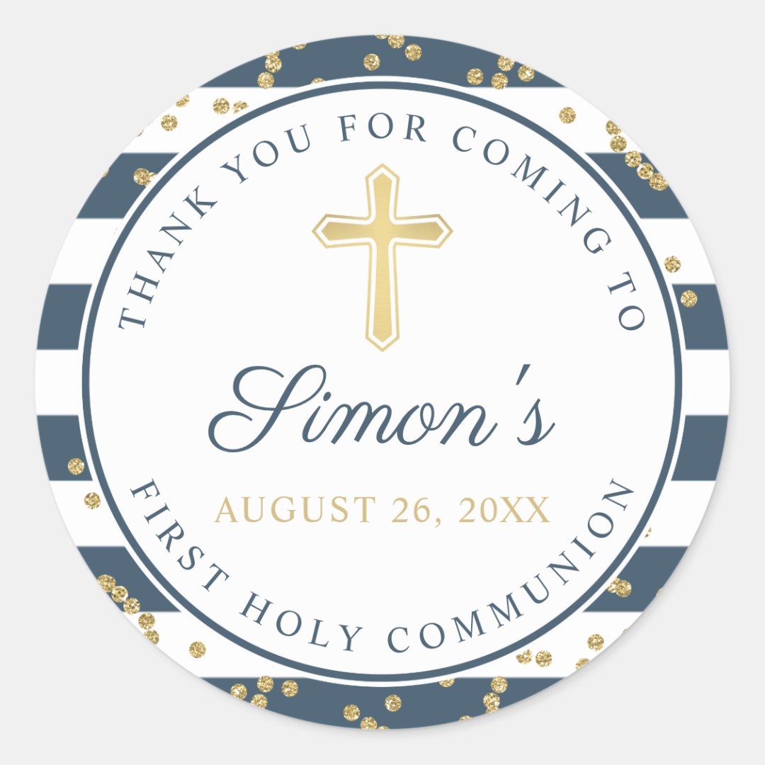 Gold Glitter Navy Blue First Holy Communion Classic Round Sticker | Zazzle
