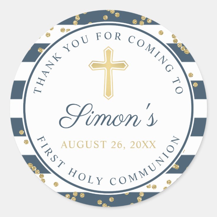 Gold Glitter Navy Blue First Holy Communion Classic Round Sticker | Zazzle