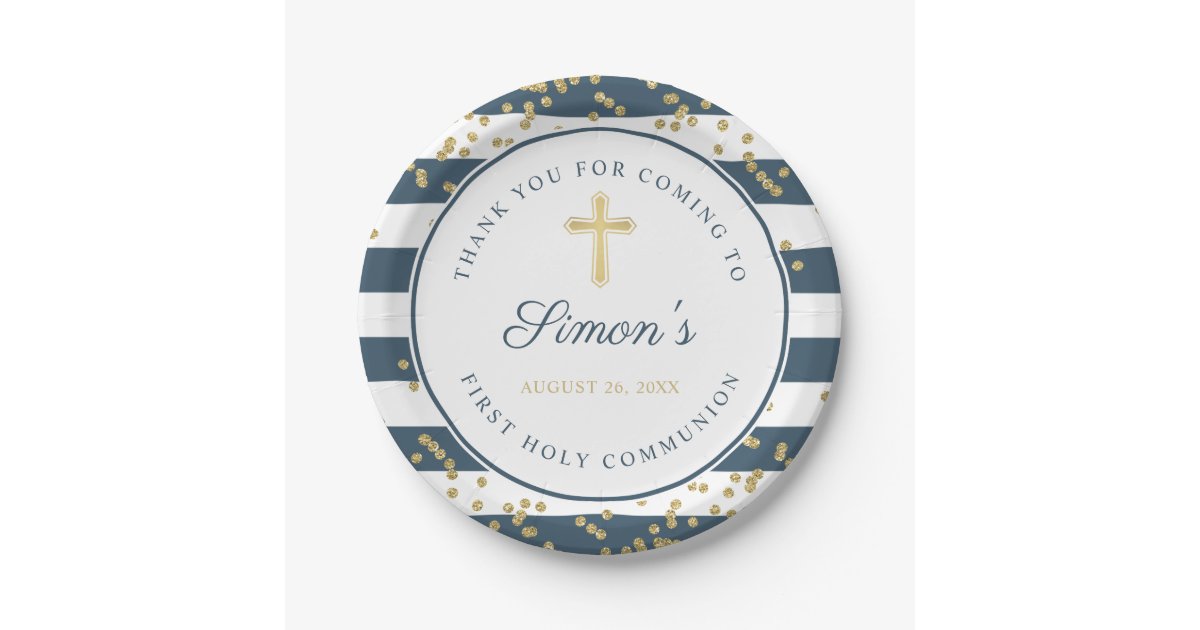Gold Glitter Navy Blue First Holy Communion Paper Plates | Zazzle