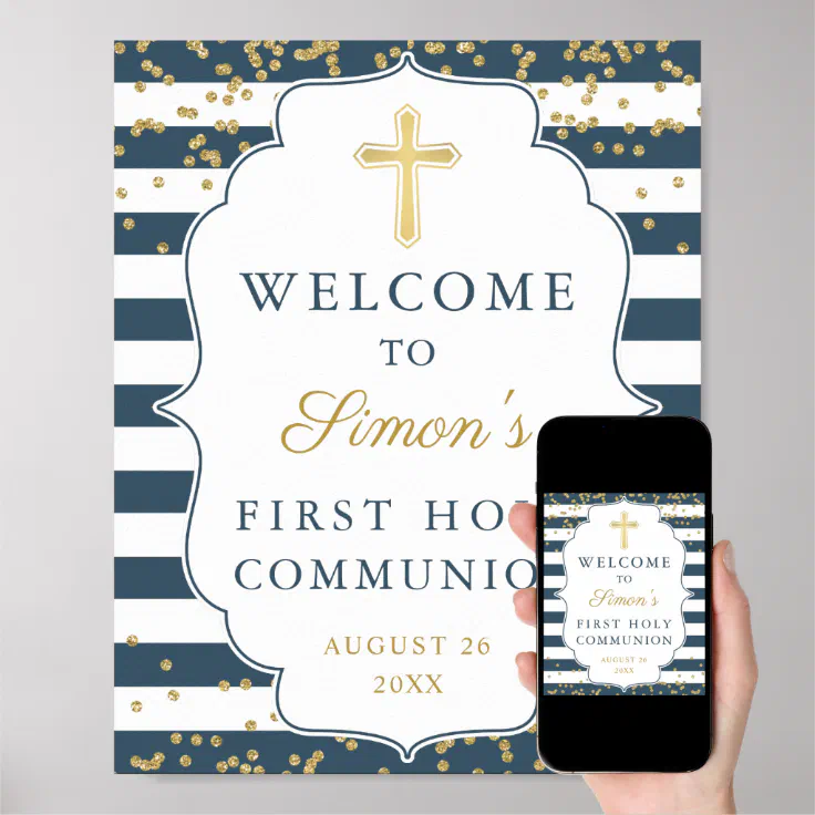 Gold Glitter Navy Blue First Holy Communion Poster | Zazzle