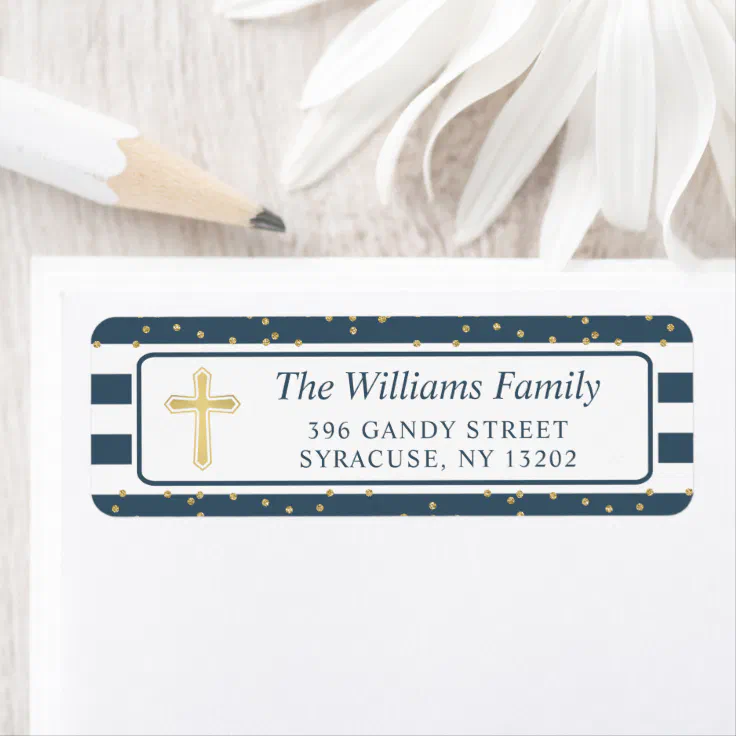 Gold Glitter Navy Blue Religious Return Address Label | Zazzle