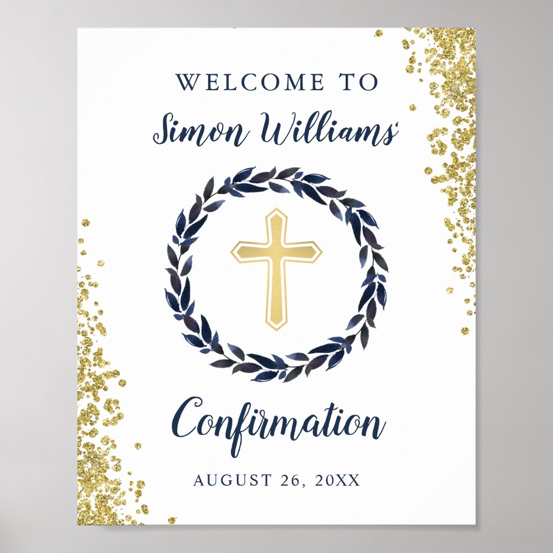 Gold Glitter Navy Blue Wreath Confirmation Welcome Poster | Zazzle