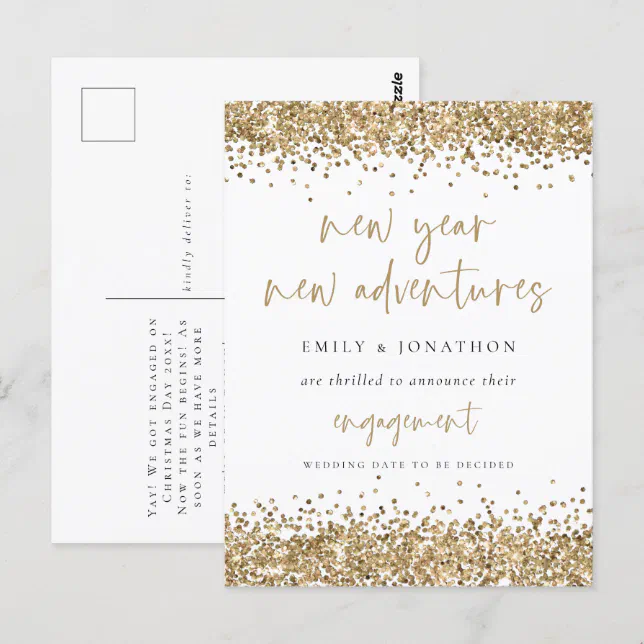 Gold Glitter New Year Adventures White Engagement Postcard | Zazzle