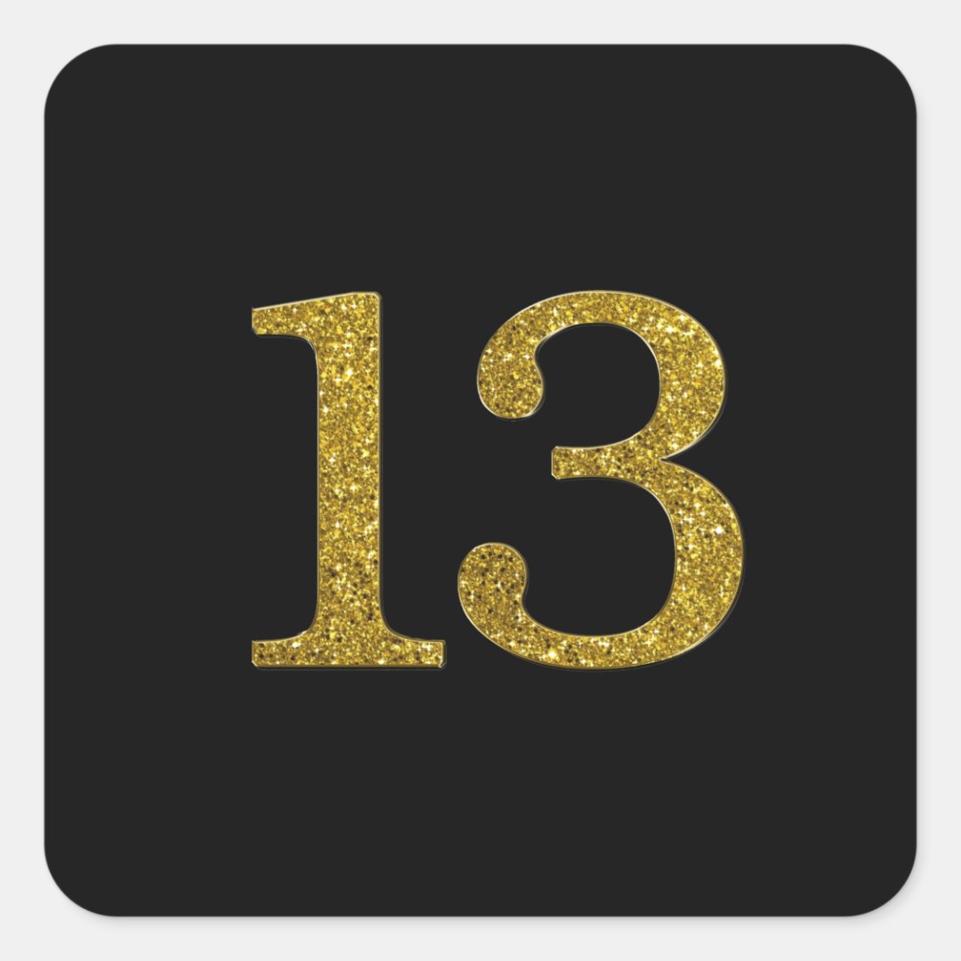 Gold Glitter Number 13 wide font Square Sticker | Zazzle