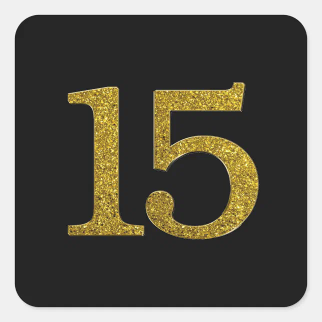 Gold Glitter Number 15 Wide Font Square Sticker | Zazzle