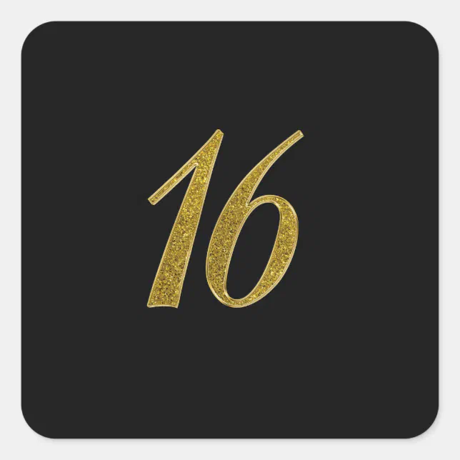 Gold Glitter Number 16 Square Sticker | Zazzle