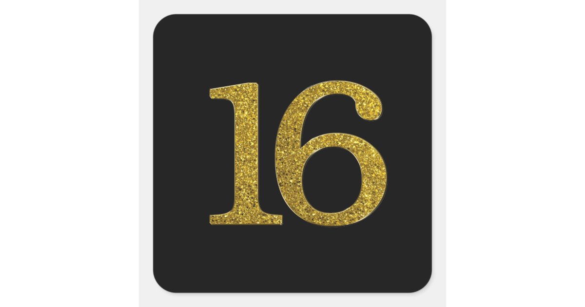 Gold Glitter Number 16 Wide Font Square Sticker | Zazzle