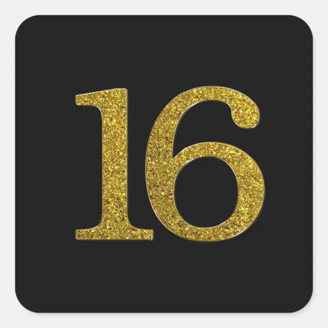 Gold Glitter Number 16 Wide Font Square Sticker | Zazzle
