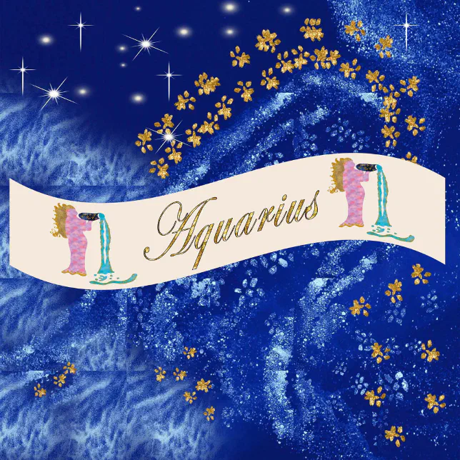 Gold & Glitter Painted Aquarius & Gold Name Satin Ribbon | Zazzle