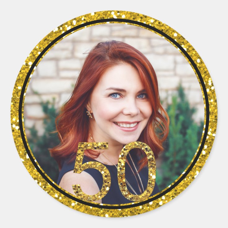 Gold Glitter Photo 50th Birthday Party Favors Classic Round Sticker ...