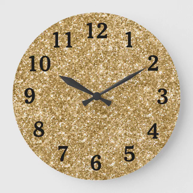 Gold Glitter Photo Black Numbers Large Clock | Zazzle