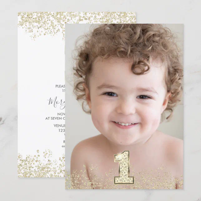 Gold Glitter Photo Boys Girls 1st Birthday Party Invitation | Zazzle