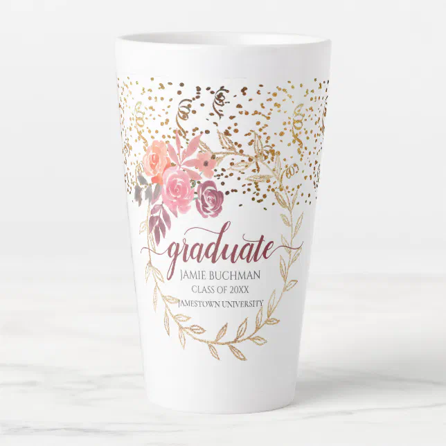 Gold Glitter Pink Blush Marsala Floral Graduate Latte Mug | Zazzle