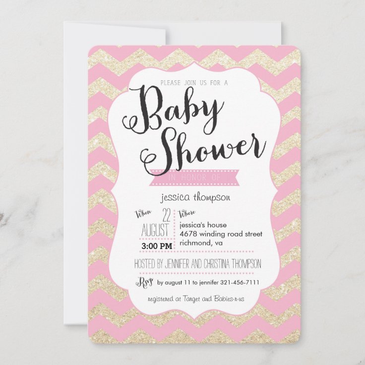 Gold Glitter & Pink Chevron Baby Shower Invite | Zazzle